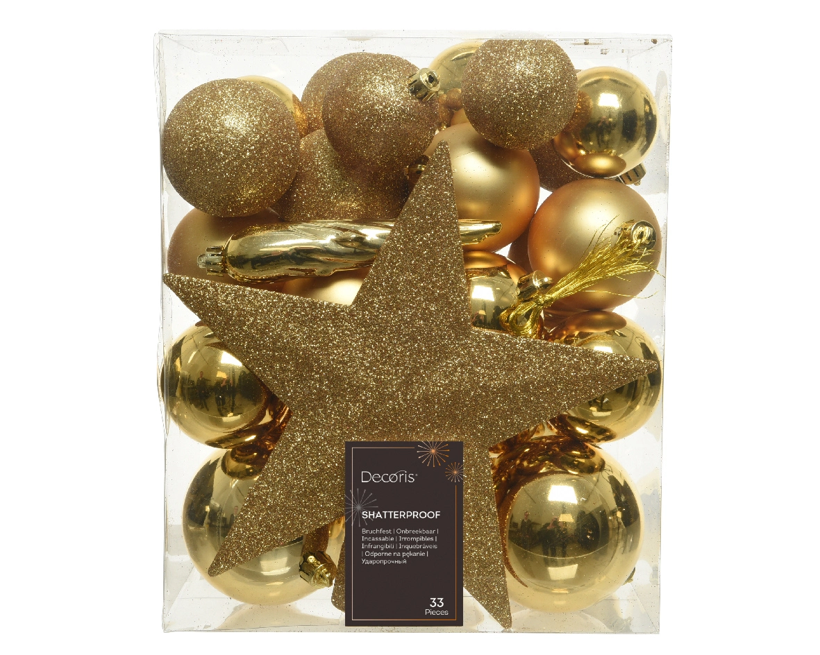 Decoris kerstballen Plastic mix+piek 33st licht goud - Top Tuincentrum