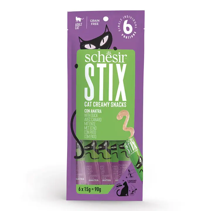 Schesir Stix cat creamy snacks Kat en eend 6 x 15g - Top Tuincentrum